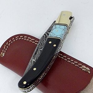 Made in Ancient Persian Indus Valley Damascus Knives Laguiole Style Pocket Knife Ram Horn & Turquoise Handle With Leather Sheath