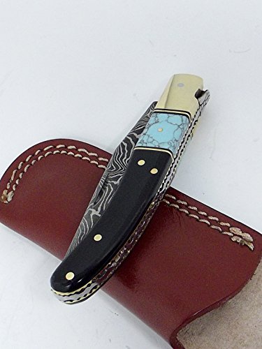 Made in Ancient Persian Indus Valley Damascus Knives Laguiole Style Pocket Knife Ram Horn & Turquoise Handle With Leather Sheath