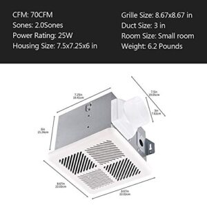 Tech Drive Very-Quiet 70 CFM, 2.0 Sone Bathroom Ventilation and Exhaust Fan (70CFM)