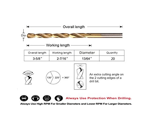 20pcs 13/64" x3-5/8" Round Shank HSS Titanium Coated Twist Drill Bits for Metal