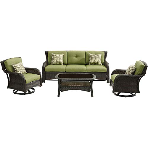 Hanover Strathmere 4-Piece Outdoor Patio Deep Seating Lounge Set with Sofa, 2 Swivel Chairs with Thick Foam Cushions, Four Accent Pillows and a Glass-Top Coffee Table