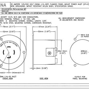 Cllena NEMA L14-30 Flanged Generator Power Inlet/Outlet Receptacle Socket with Cover 30 Amp 125/250V 7500W (Black)