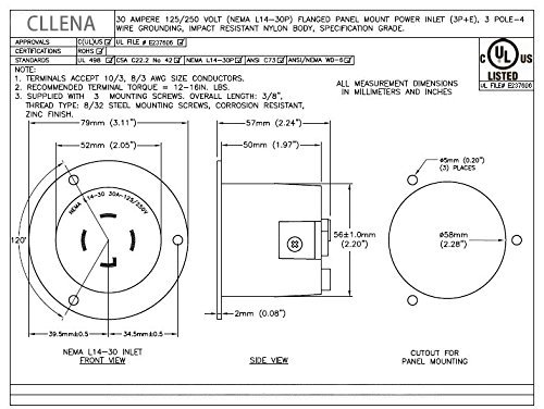 Cllena NEMA L14-30 Flanged Generator Power Inlet/Outlet Receptacle Socket with Cover 30 Amp 125/250V 7500W (Black)