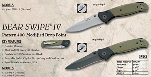 Bear OPS Bear Swipe IV, 3-1/4-inch Black Blade, 14C28N Sandvik Stainless Steel, OD Green G10 Handle, Assisted Opening with Reversible Pocket Clip (A-400-B4-B)