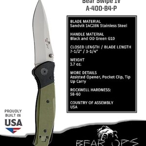 Bear OPS Bear Swipe IV, 3-1/4-inch Blade, 14C28N Sandvik Stainless Steel, OD Green G10 Handle, Assisted Opening with Reversible Pocket Clip (A-400-B4-P)