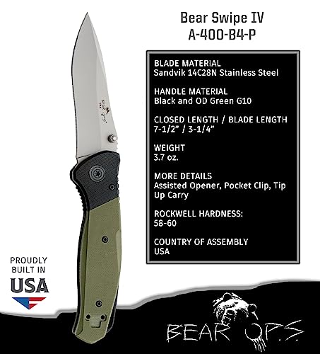 Bear OPS Bear Swipe IV, 3-1/4-inch Blade, 14C28N Sandvik Stainless Steel, OD Green G10 Handle, Assisted Opening with Reversible Pocket Clip (A-400-B4-P)