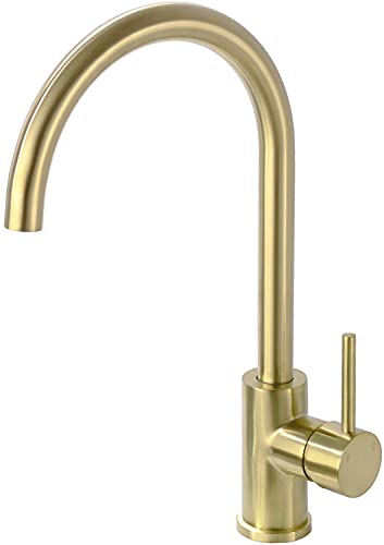 Solid Brass Kitchen Faucet Single Handle 1 Hole 360-Degree Swivel Gooseneck Bar Sink Mixer Tap, Brushed Gold