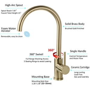 Solid Brass Kitchen Faucet Single Handle 1 Hole 360-Degree Swivel Gooseneck Bar Sink Mixer Tap, Brushed Gold