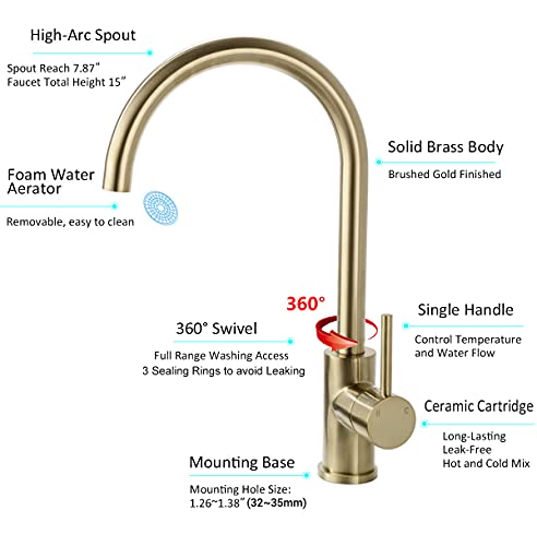 Solid Brass Kitchen Faucet Single Handle 1 Hole 360-Degree Swivel Gooseneck Bar Sink Mixer Tap, Brushed Gold