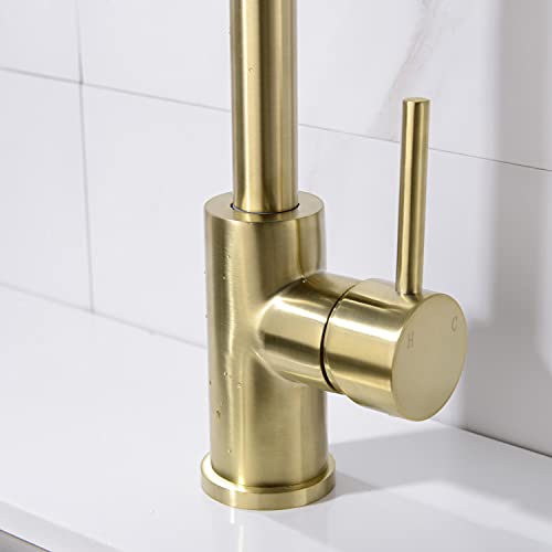 Solid Brass Kitchen Faucet Single Handle 1 Hole 360-Degree Swivel Gooseneck Bar Sink Mixer Tap, Brushed Gold