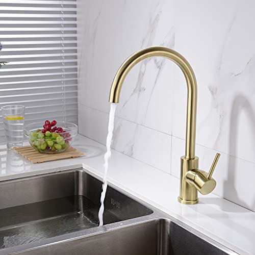 Solid Brass Kitchen Faucet Single Handle 1 Hole 360-Degree Swivel Gooseneck Bar Sink Mixer Tap, Brushed Gold