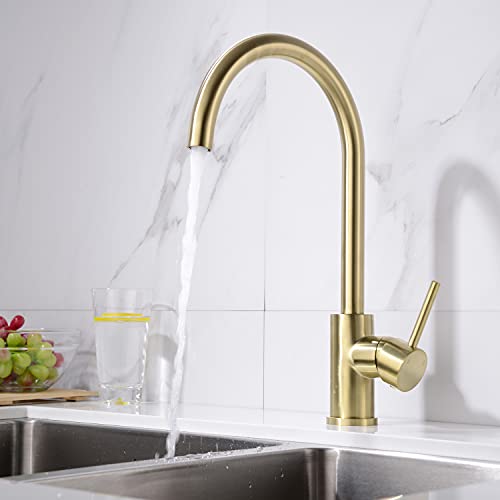 Solid Brass Kitchen Faucet Single Handle 1 Hole 360-Degree Swivel Gooseneck Bar Sink Mixer Tap, Brushed Gold