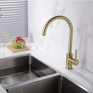 Solid Brass Kitchen Faucet Single Handle 1 Hole 360-Degree Swivel Gooseneck Bar Sink Mixer Tap, Brushed Gold