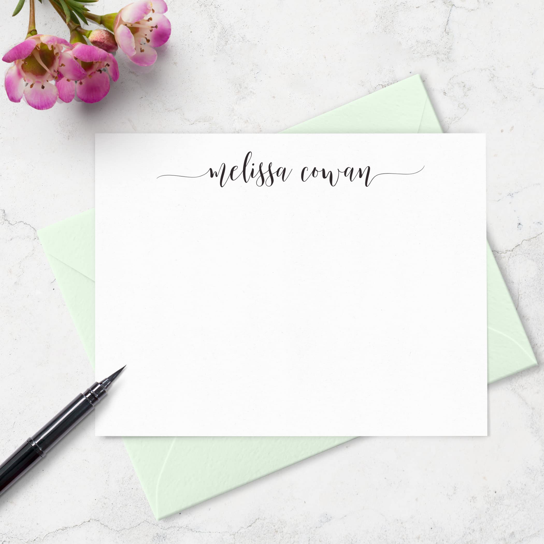 Personalized Stationery Note Cards for Women with Name in Calligraphy Script Font - Boxed Flat Notecard Stationary Set, Choose Your Colors and Set Size | Fairmont & Grove Paper Co.