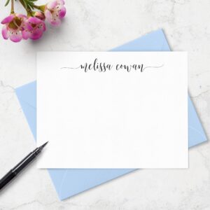 Personalized Stationery Note Cards for Women with Name in Calligraphy Script Font - Boxed Flat Notecard Stationary Set, Choose Your Colors and Set Size | Fairmont & Grove Paper Co.