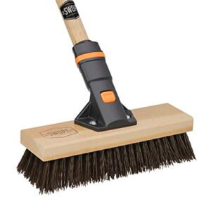 swopt 10” premium rough surface scrub brush + 60" eva foam comfort grip wooden handle, combo — stiff bristle cleaning brush with interchangeable long handle — clean outdoor surfaces comfortably