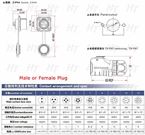 HangTon LP20 3 Pin Waterproof Connector Quick Disconnect High Voltage 30 Amp Power Bulkhead Male Cable Plug Female Panel Socket