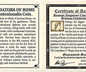 300 IT Roman Centenionalis Constantius II Gladiator Coin Mini Album,Story Card & Certificate 18mm Very Good