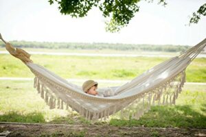 riseon handmade boho large brazilian macrame fringe 2 person double deluxe hammock swing net chair for beach, yard, bedroom, patio, porch, indoor, outdoor, wedding decor 95" lx 59" w