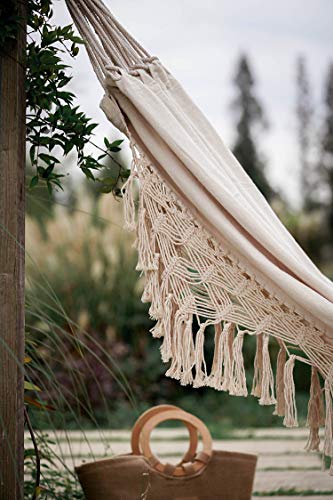 RISEON Handmade Boho Large Brazilian Macrame Fringe 2 Person Double Deluxe Hammock Swing Net Chair for Beach, Yard, Bedroom, Patio, Porch, Indoor, Outdoor, Wedding Decor 95" Lx 59" W