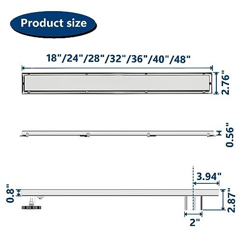 Neodrain 24-Inch Offset Linear Shower Drain with Tile Insert Grate Cover, Brushed 304 Stainless Steel Rectangle Side Outlet Shower Floor Drain, Adjustable Leveling Foot, Hair Strainer/Catcher