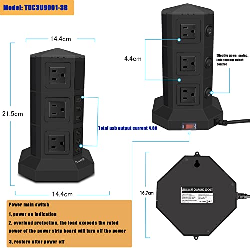 Tower Power Strip Surge Protector 12 AC Outlets with 6 Ports USB Chargers 10 Feet Long Extension Cord Indoor Black-Powerjc