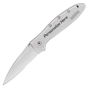 kershaw custom laser engraved leek knife 1660st silver handle with silver serrated blade edge