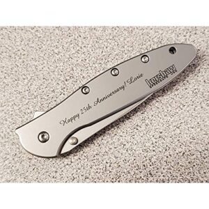 Kershaw Custom Laser Engraved Leek Knife 1660ST Silver Handle with Silver Serrated Blade Edge