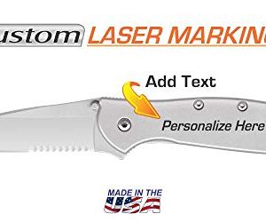 Kershaw Custom Laser Engraved Leek Knife 1660ST Silver Handle with Silver Serrated Blade Edge