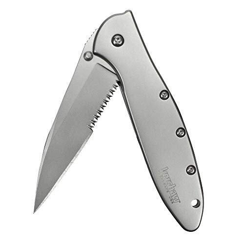 Kershaw Custom Laser Engraved Leek Knife 1660ST Silver Handle with Silver Serrated Blade Edge