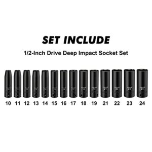 CASOMAN 1/2-Inch Drive Deep Impact Socket Set, Metric, Cr-V, 6-Point, 10 mm - 24 mm, 14-Sockets Set