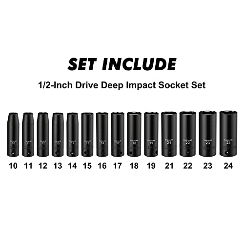 CASOMAN 1/2-Inch Drive Deep Impact Socket Set, Metric, Cr-V, 6-Point, 10 mm - 24 mm, 14-Sockets Set