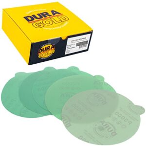 dura-gold premium 800, 1000, 1500, 2000, 3000 grit 6" green film psa sanding discs, 5 each, 25 total, self adhesive stickyback sandpaper for da sander, finishing sand automotive paint woodworking wood