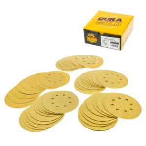 dura-gold premium - variety pack - 5" gold sanding discs - 8-hole dustless hook and loop - 10 each of grit (60, 80, 120, 220, 320) - box of 50 sandpaper finishing discs for woodworking or automotive