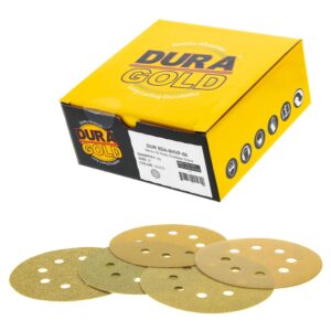 Dura-Gold Premium - Variety Pack - 5" Gold Sanding Discs - 8-Hole Dustless Hook and Loop - 10 Each of Grit (60, 80, 120, 220, 320) - Box of 50 Sandpaper Finishing Discs for Woodworking or Automotive