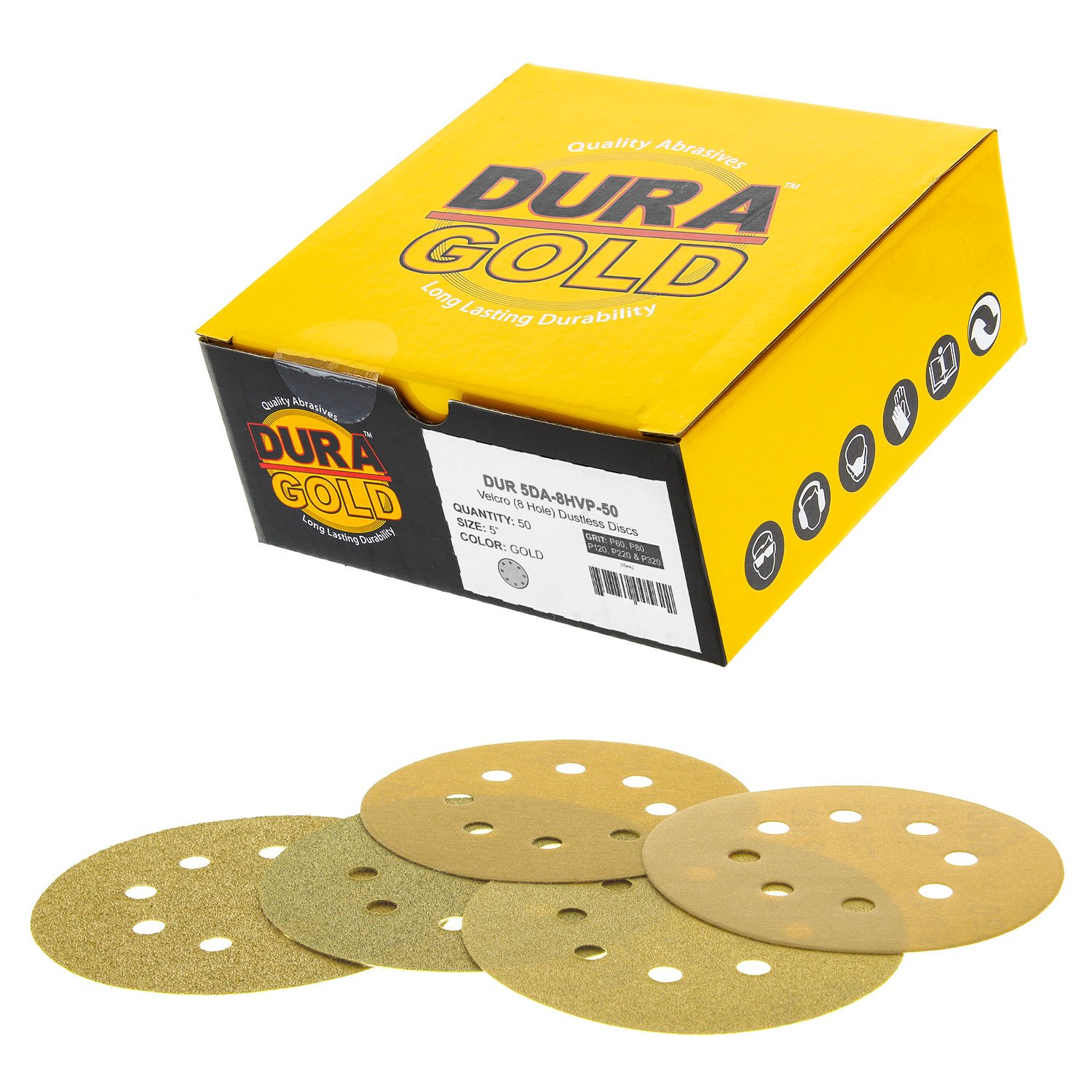 Dura-Gold Premium - Variety Pack - 5" Gold Sanding Discs - 8-Hole Dustless Hook and Loop - 10 Each of Grit (60, 80, 120, 220, 320) - Box of 50 Sandpaper Finishing Discs for Woodworking or Automotive