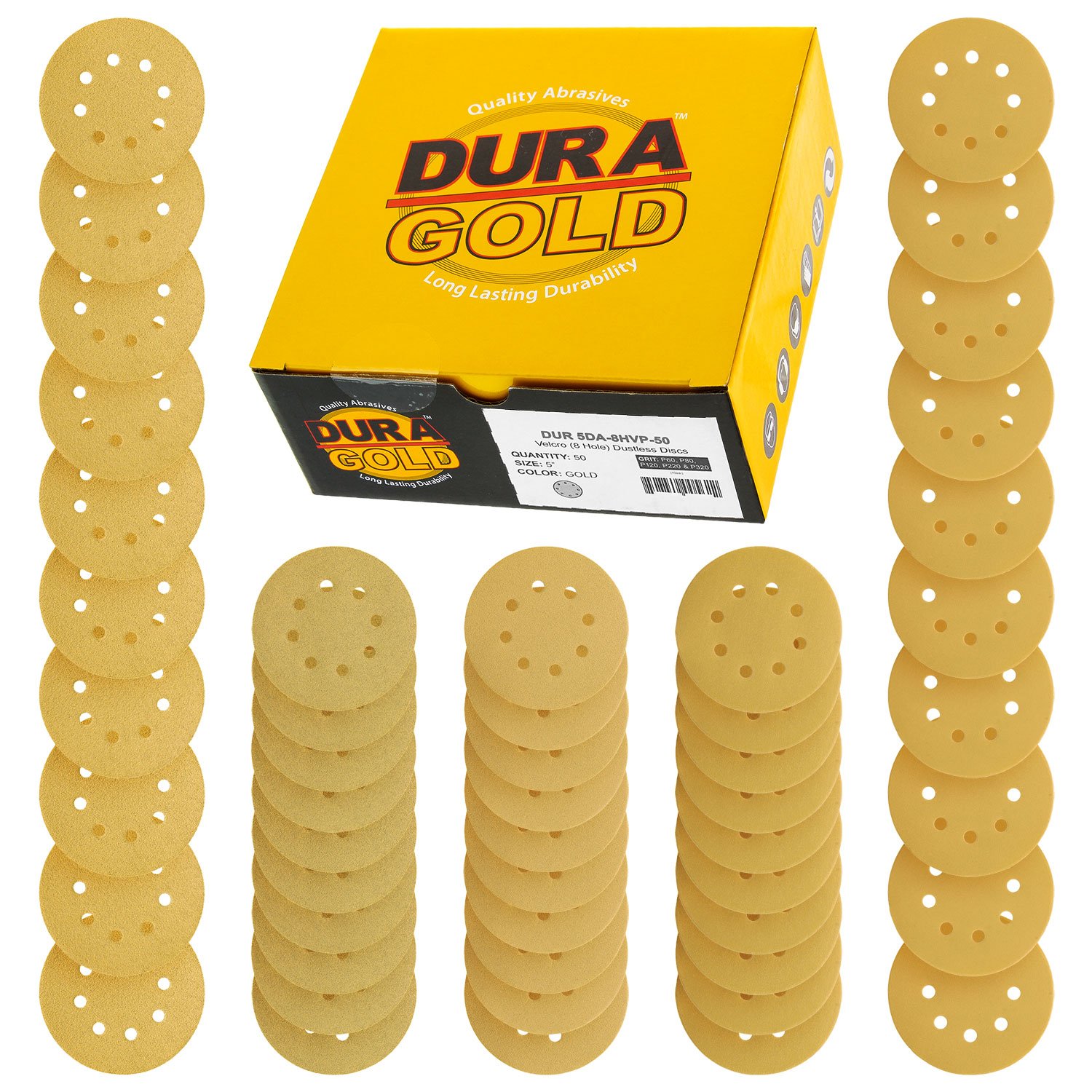 Dura-Gold Premium - Variety Pack - 5" Gold Sanding Discs - 8-Hole Dustless Hook and Loop - 10 Each of Grit (60, 80, 120, 220, 320) - Box of 50 Sandpaper Finishing Discs for Woodworking or Automotive