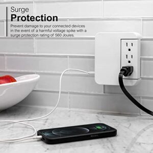 GE Pro Side-Access Swivel Surge Protector, 5-Outlet Extender with 2 USB Ports, Wall Tap Adapter, Charging Station, 3-Prong, 560 Joules, 2.4 AMP/12 Watt, UL Listed, White, 39429