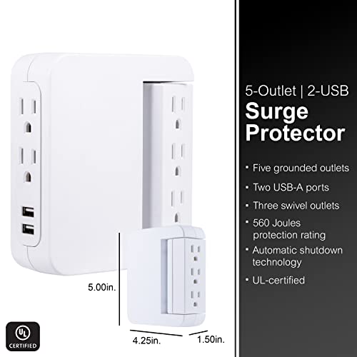 GE Pro Side-Access Swivel Surge Protector, 5-Outlet Extender with 2 USB Ports, Wall Tap Adapter, Charging Station, 3-Prong, 560 Joules, 2.4 AMP/12 Watt, UL Listed, White, 39429