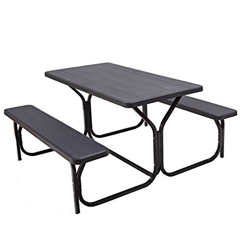 Giantex Picnic Bench Set Outdoor Camping All Weather Metal Base Wood-Like Texture Backyard Poolside Dining Party Garden Lawn Deck Large Picnic Tables for Adult (Black)