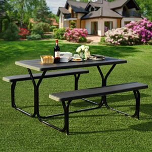 Giantex Picnic Bench Set Outdoor Camping All Weather Metal Base Wood-Like Texture Backyard Poolside Dining Party Garden Lawn Deck Large Picnic Tables for Adult (Black)