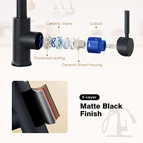 Peppermint Matte Black Kitchen Sink Faucet with Pull Down Sprayer Single Lever Black Kitchen Faucet with Pull Out Spray Low Profile Faucet for Kitchen Sink