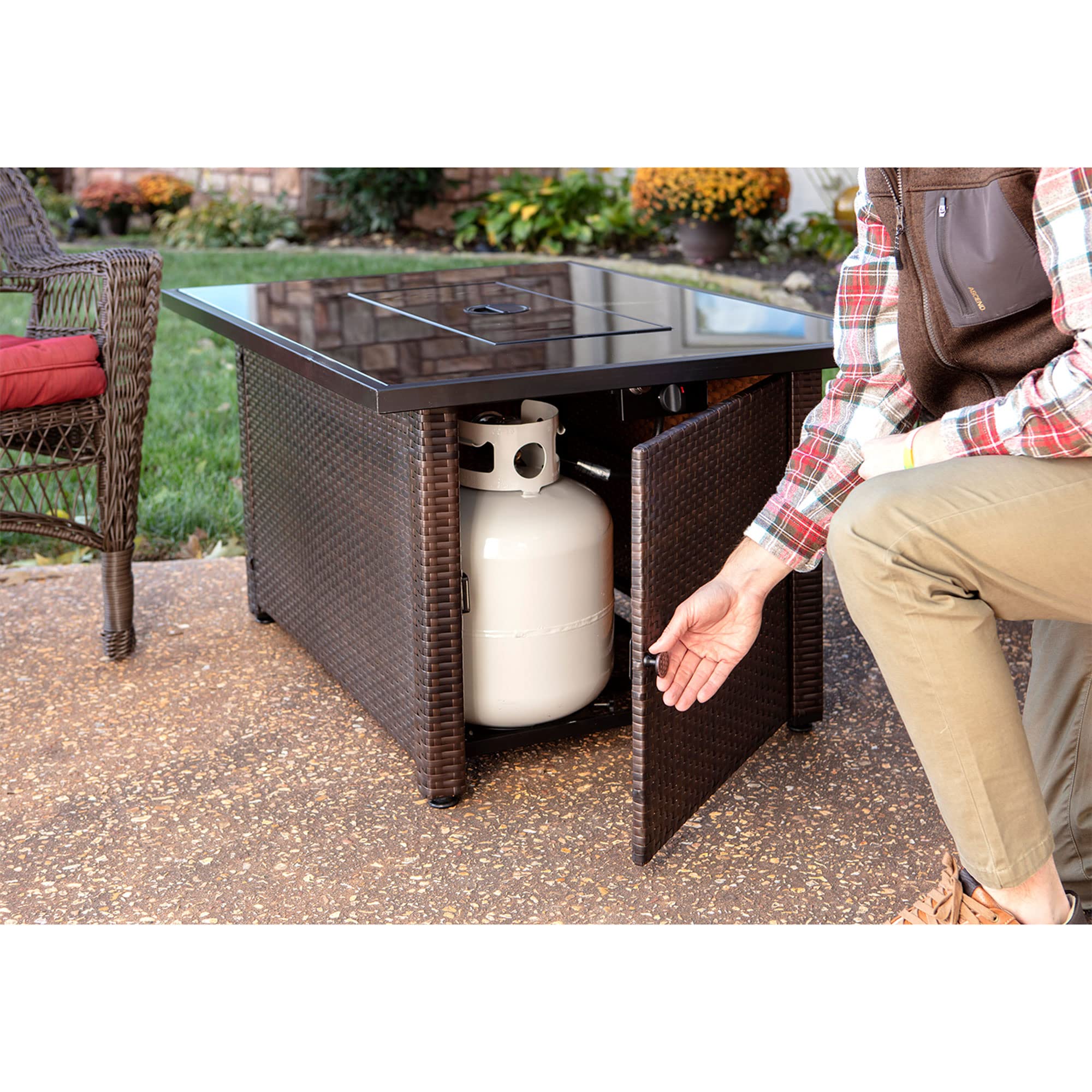 Endless Summer 44" x 32" Rectangular 40,000 BTU Liquid Propane Gas Outdoor Fire Pit Table with White Fire Glass, Center Insert and Cover, Brown/Black