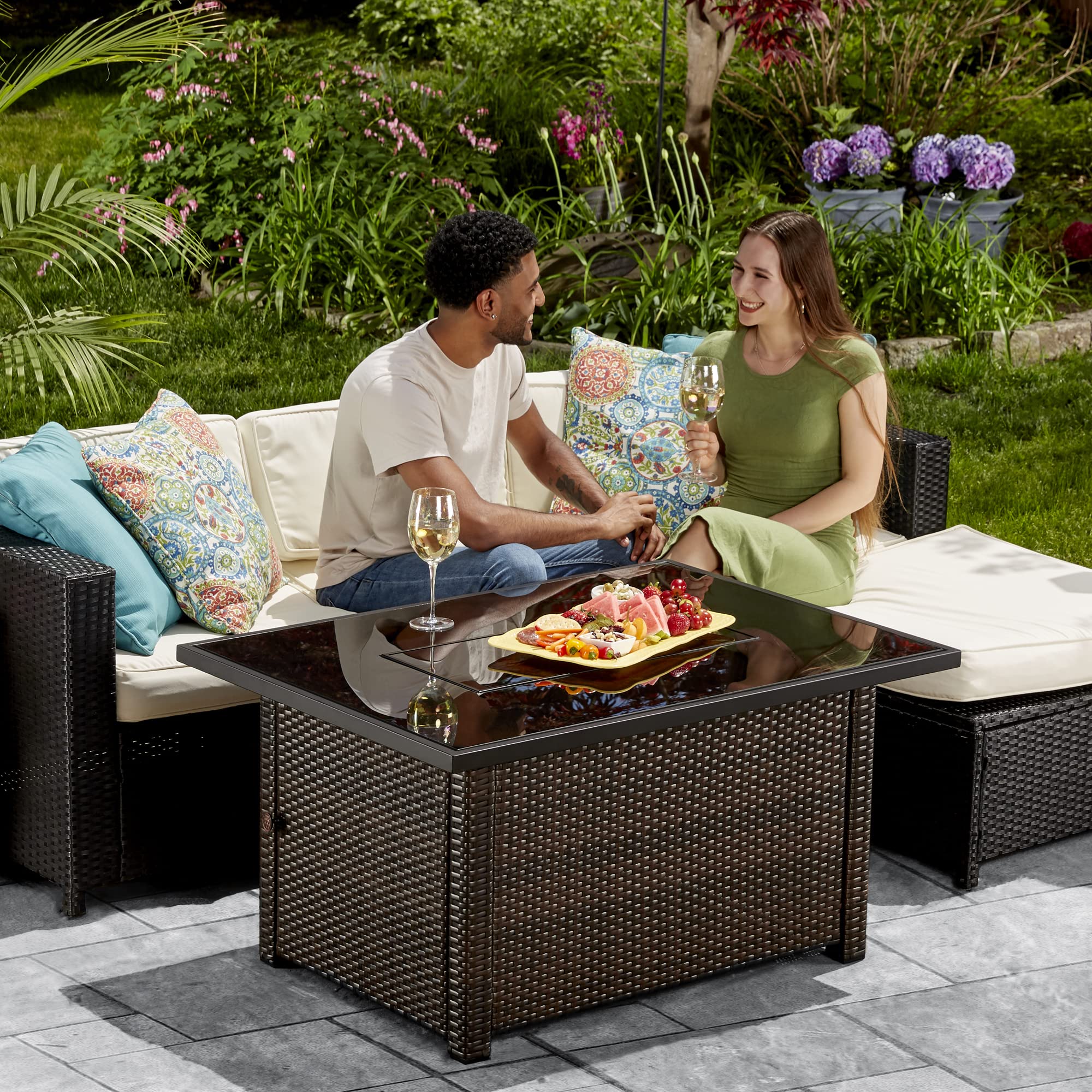 Endless Summer 44" x 32" Rectangular 40,000 BTU Liquid Propane Gas Outdoor Fire Pit Table with White Fire Glass, Center Insert and Cover, Brown/Black