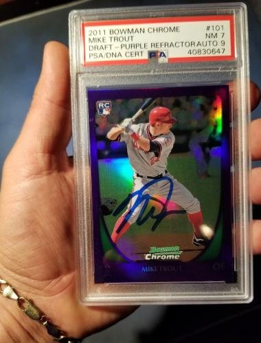 2011 Mike Trout Bowman Chrome Purple Refractor Signed RC Graded PSA NM 7 AUTO 9 - Baseball Slabbed Rookie Cards