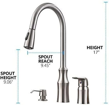 Hotis 3 Hole Kitchen Faucet, 2 Hole Kitchen Faucet with Pull Down Sprayer, Brushed Nickel Kitchen Faucets for Sink, Single Handle Pull Out Stainless Steel Kitchen Sink Faucet Set with Soap Dispenser