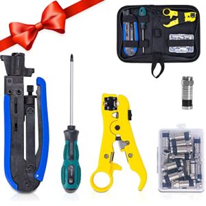 kotto coax cable crimper kit, compression tool coax adjustable rg6 rg59 rg11 75-5 75-7 coaxial cable stripper with 20 pcs f compression connectors