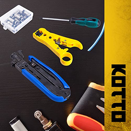 KOTTO Coax Cable Crimper Kit, Compression Tool Coax Adjustable RG6 RG59 RG11 75-5 75-7 Coaxial Cable Stripper with 20 PCS F Compression Connectors