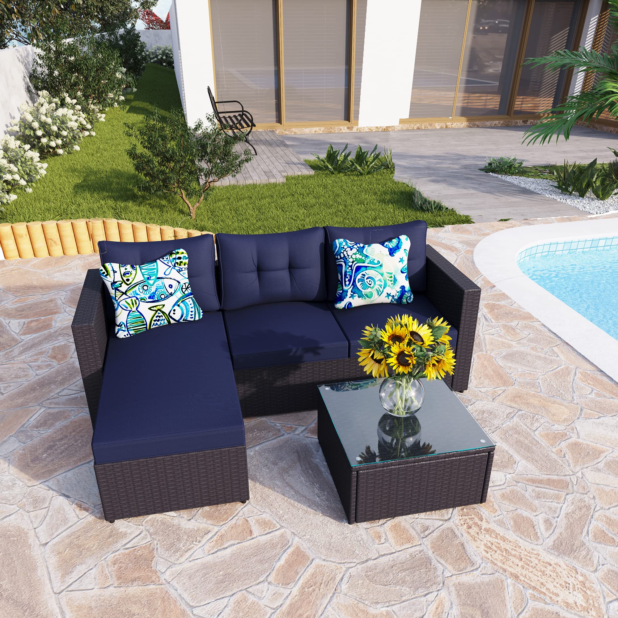 PHI VILLA 77" Wide Outdoor Rattan Sectional Sofa with Cushions - Small Patio Wicker Furniture Set (3 - Person Seating Group, Blue)