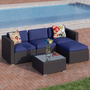 PHI VILLA 77" Wide Outdoor Rattan Sectional Sofa with Cushions - Small Patio Wicker Furniture Set (3 - Person Seating Group, Blue)